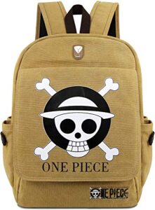 roffatide anime one piece backpack khaki canvas book bag printed flap school bag with earphone hole