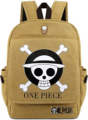 Roffatide Anime One Piece Backpack Khaki Canvas Book Bag Printed Flap School Bag With Earphone Hole