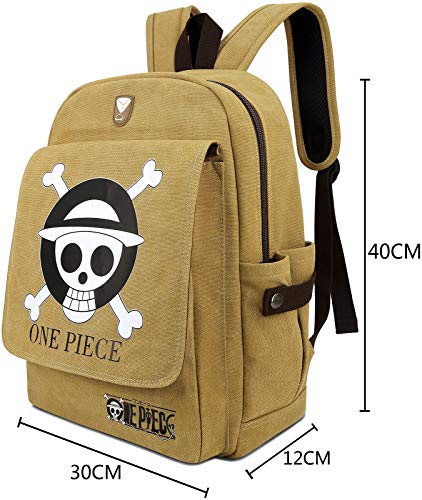 Roffatide Anime One Piece Backpack Khaki Canvas Book Bag Printed Flap School Bag With Earphone Hole