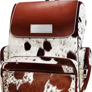 SpazeUp Cowhide diaper bag backpack - Cowhide Backpack Hair On Brown and White Knapsack Travel Shoulder Bag Dark Brown & White