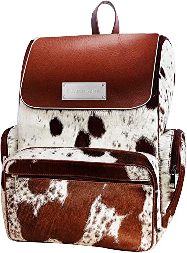 SpazeUp Cowhide diaper bag backpack - Cowhide Backpack Hair On Brown and White Knapsack Travel Shoulder Bag Dark Brown & White