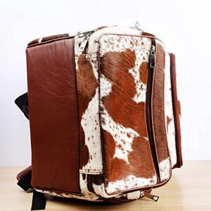 SpazeUp Cowhide diaper bag backpack - Cowhide Backpack Hair On Brown and White Knapsack Travel Shoulder Bag Dark Brown & White