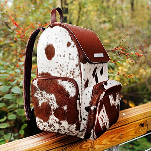 SpazeUp Cowhide diaper bag backpack - Cowhide Backpack Hair On Brown and White Knapsack Travel Shoulder Bag Dark Brown & White