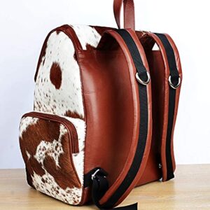 SpazeUp Cowhide diaper bag backpack - Cowhide Backpack Hair On Brown and White Knapsack Travel Shoulder Bag Dark Brown & White