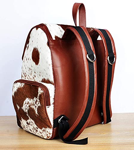 SpazeUp Cowhide diaper bag backpack - Cowhide Backpack Hair On Brown and White Knapsack Travel Shoulder Bag Dark Brown & White