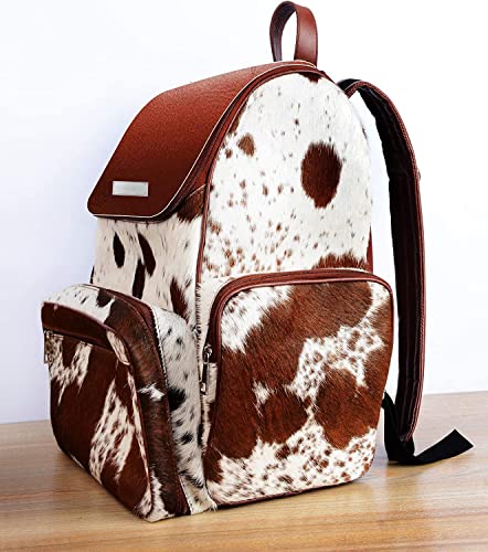 SpazeUp Cowhide diaper bag backpack - Cowhide Backpack Hair On Brown and White Knapsack Travel Shoulder Bag Dark Brown & White