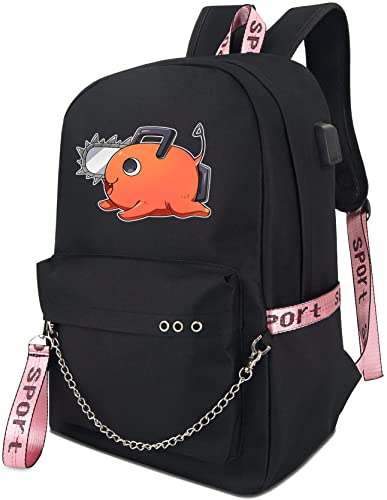 Roffatide Anime Chainsaw Man Backpack Pochita Book Bag Laptop School Bag with USB Charging Port and Headphone Port