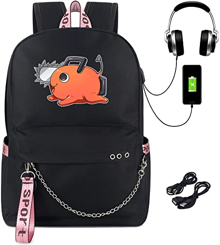 Roffatide Anime Chainsaw Man Backpack Pochita Book Bag Laptop School Bag with USB Charging Port and Headphone Port