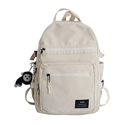 HIQUAY Large Backpack BasicRucksack for Teen Girls Aesthetic Student Bookbags with Pendant and Lots of Pockets for School (Off-White)