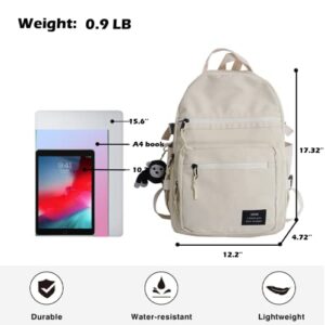 HIQUAY Large Backpack BasicRucksack for Teen Girls Aesthetic Student Bookbags with Pendant and Lots of Pockets for School (Off-White)