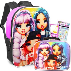 rainbow studios high school supplies set for kids – bundle with rainbow high insulated lunch bag and 16 inch backpack plus pikmi pop stickers, temporary tattoos, and more (girls back to school set)