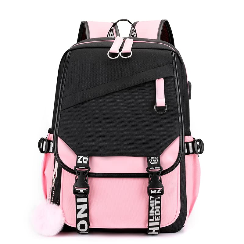 Girls Lightweight Backpack Casual USB Backpack Portable Laptop Computer Bag Durable Teens Book Bag Black and Pink(17 in)