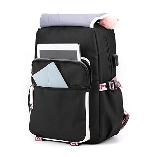 Girls Lightweight Backpack Casual USB Backpack Portable Laptop Computer Bag Durable Teens Book Bag Black and Pink(17 in)