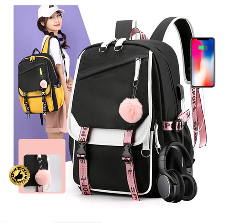 Girls Lightweight Backpack Casual USB Backpack Portable Laptop Computer Bag Durable Teens Book Bag Black and Pink(17 in)