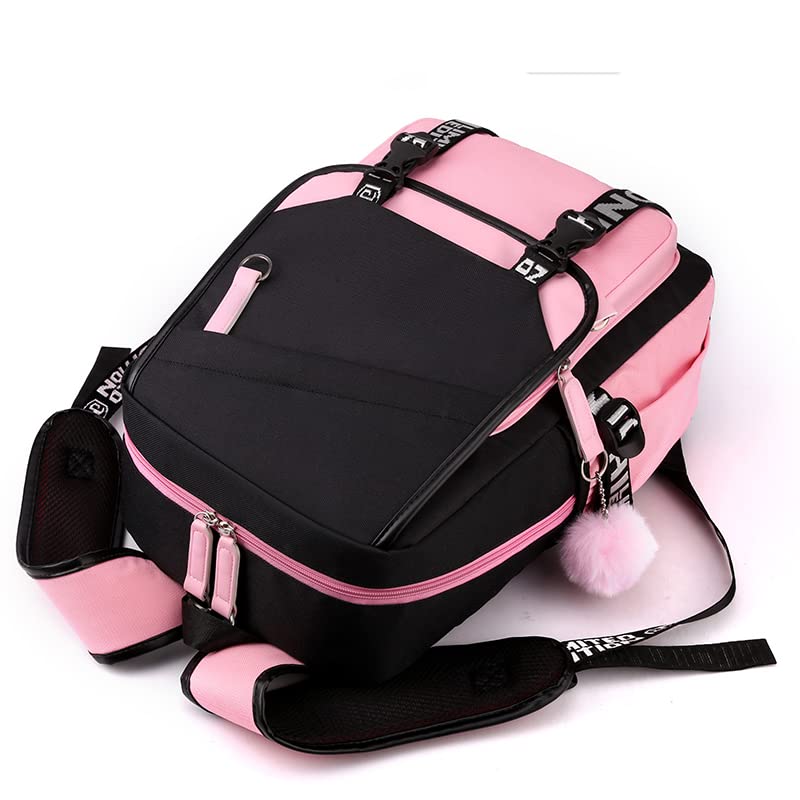 Girls Lightweight Backpack Casual USB Backpack Portable Laptop Computer Bag Durable Teens Book Bag Black and Pink(17 in)