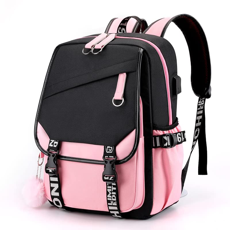 Girls Lightweight Backpack Casual USB Backpack Portable Laptop Computer Bag Durable Teens Book Bag Black and Pink(17 in)