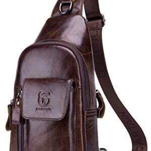 BULLCAPTAIN Genuine Leather Men Sling Bag Travel Crossbody Chest Bag Large Capacity Casual Hiking Daypack (Brown)