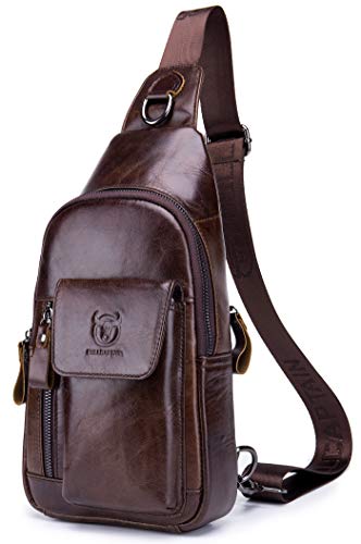 BULLCAPTAIN Genuine Leather Men Sling Bag Travel Crossbody Chest Bag Large Capacity Casual Hiking Daypack (Brown)