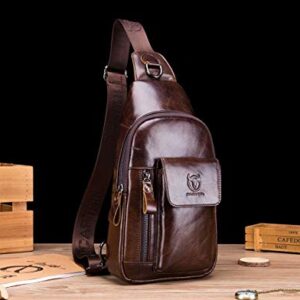 BULLCAPTAIN Genuine Leather Men Sling Bag Travel Crossbody Chest Bag Large Capacity Casual Hiking Daypack (Brown)