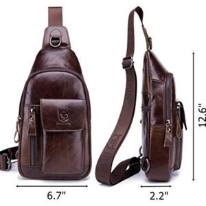 BULLCAPTAIN Genuine Leather Men Sling Bag Travel Crossbody Chest Bag Large Capacity Casual Hiking Daypack (Brown)