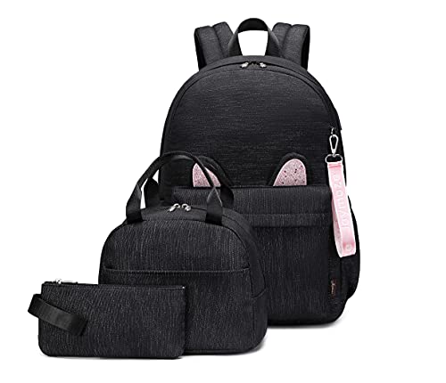 Joymoze Stylish Shimmer Cat Ears Cute School Backpack Set for Teen Girl Black