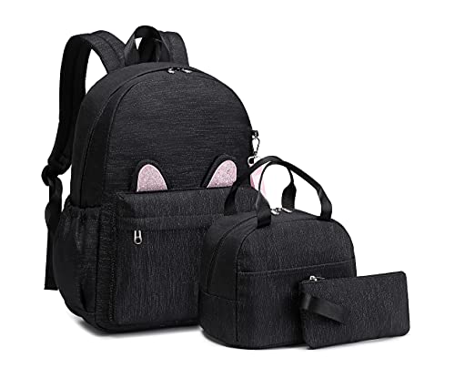 Joymoze Stylish Shimmer Cat Ears Cute School Backpack Set for Teen Girl Black