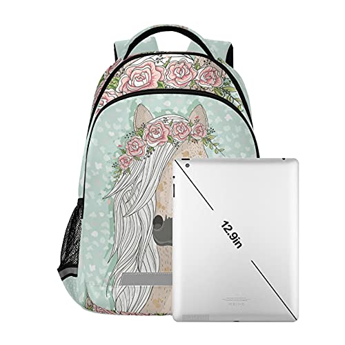 Horse Flowers Backpack for Boys Girls, Teal Fairytale Pony Bookbag Elementary Schoolbag Travel Bag Casual Daypack Rucksack for Students