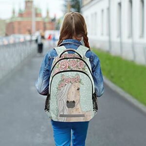 Horse Flowers Backpack for Boys Girls, Teal Fairytale Pony Bookbag Elementary Schoolbag Travel Bag Casual Daypack Rucksack for Students