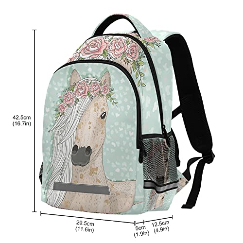 Horse Flowers Backpack for Boys Girls, Teal Fairytale Pony Bookbag Elementary Schoolbag Travel Bag Casual Daypack Rucksack for Students