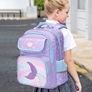 Tanou Kids Backpacks for Girls, 16'' Elementary School Backpack, Breathable Bookbags with Reflective Strip for Girl 6-12 Years, Mermaid