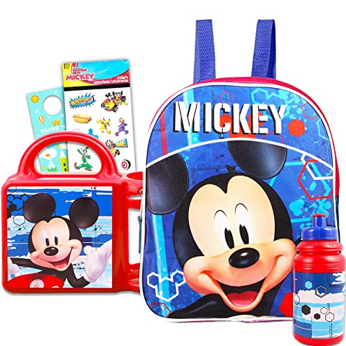 Fast Forward Mickey Mouse Mini Backpack with Lunch Box Set - Bundle with 11" Mickey Backpack, Mickey Mouse Lunch Bag, Water Bottle, Stickers, More | Mickey Backpack for Toddlers