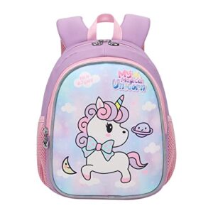 tanou toddler backpack for girls, 11 inch kids backpacks for preschool kindergarten, cute cartoon animal style school bag for little kids aged 1-3 years, purple unicorn