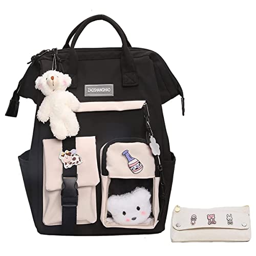 LIEEI Kawaii Backpack with Kawaii Pin & Bear Accessories Cute Laptop Bookbag Backpack School Bag for School Girls (Black) 26x18x38cm