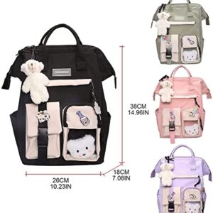 LIEEI Kawaii Backpack with Kawaii Pin & Bear Accessories Cute Laptop Bookbag Backpack School Bag for School Girls (Black) 26x18x38cm