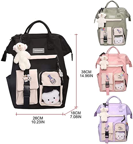 LIEEI Kawaii Backpack with Kawaii Pin & Bear Accessories Cute Laptop Bookbag Backpack School Bag for School Girls (Black) 26x18x38cm