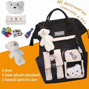 LIEEI Kawaii Backpack with Kawaii Pin & Bear Accessories Cute Laptop Bookbag Backpack School Bag for School Girls (Black) 26x18x38cm