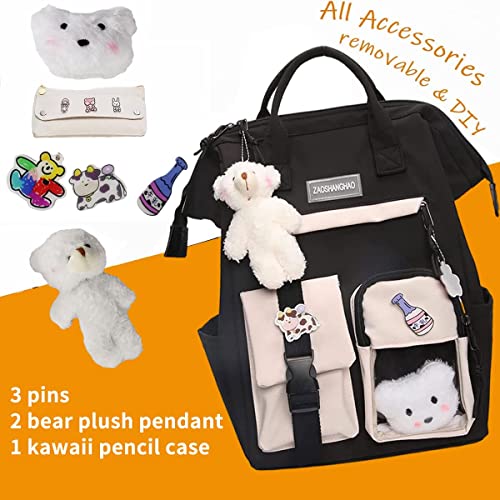 LIEEI Kawaii Backpack with Kawaii Pin & Bear Accessories Cute Laptop Bookbag Backpack School Bag for School Girls (Black) 26x18x38cm