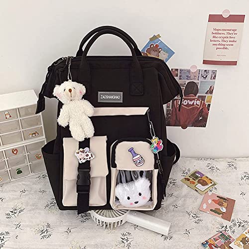 LIEEI Kawaii Backpack with Kawaii Pin & Bear Accessories Cute Laptop Bookbag Backpack School Bag for School Girls (Black) 26x18x38cm