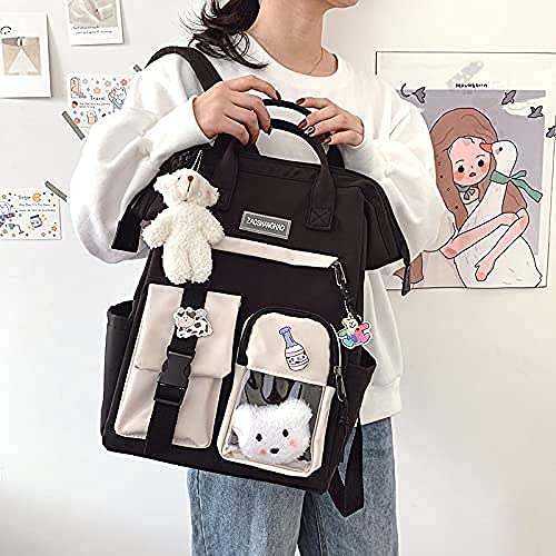 LIEEI Kawaii Backpack with Kawaii Pin & Bear Accessories Cute Laptop Bookbag Backpack School Bag for School Girls (Black) 26x18x38cm