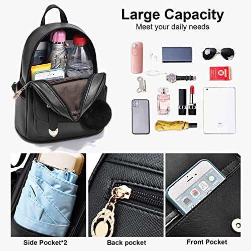 Girls Cute Mini Backpack Purse Fashion School Bags PU Leather Casual Backpack for Teens Women Black