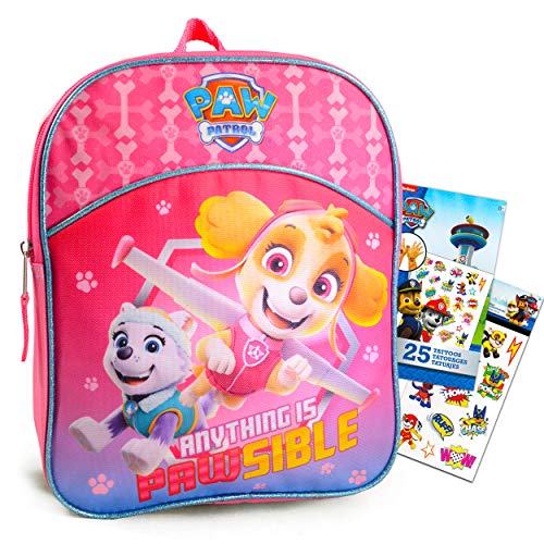 Paw Patrol Backpack for Girls ~ 2 Pc Bundle With Premium 11" Skye Paw Patrol Mini School Bag for Toddlers with Stickers and Tattoos (Paw Patrol School Supplies)