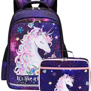 Girls Backpack for Kids Preschool Backpack with Lunch Box for Kindergarten Elementary Students (Galaxy-Purple)