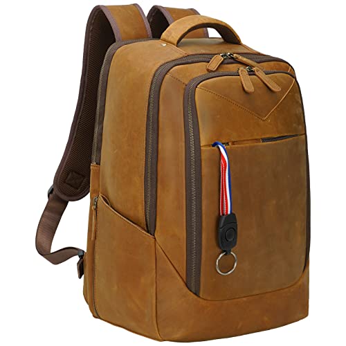 Masa Kawa Vintage Leather 15.6" Laptop Backpack for Men Large College School Bag Bookbag Business Work Travel Rucksack Casual Hiking Camping Daypack, Light Brown