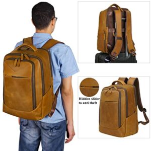 Masa Kawa Vintage Leather 15.6" Laptop Backpack for Men Large College School Bag Bookbag Business Work Travel Rucksack Casual Hiking Camping Daypack, Light Brown