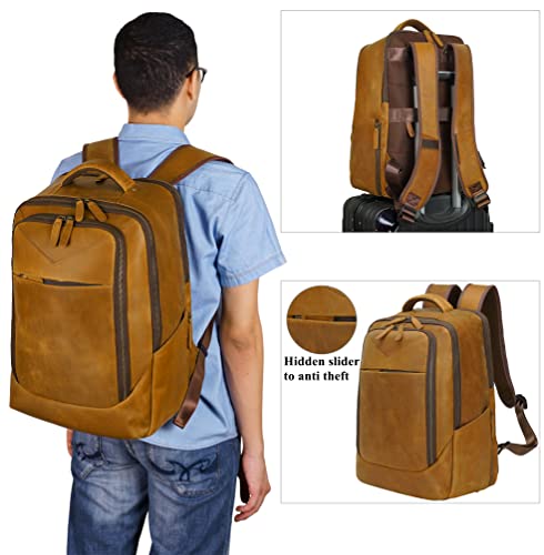 Masa Kawa Vintage Leather 15.6" Laptop Backpack for Men Large College School Bag Bookbag Business Work Travel Rucksack Casual Hiking Camping Daypack, Light Brown