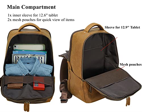 Masa Kawa Vintage Leather 15.6" Laptop Backpack for Men Large College School Bag Bookbag Business Work Travel Rucksack Casual Hiking Camping Daypack, Light Brown