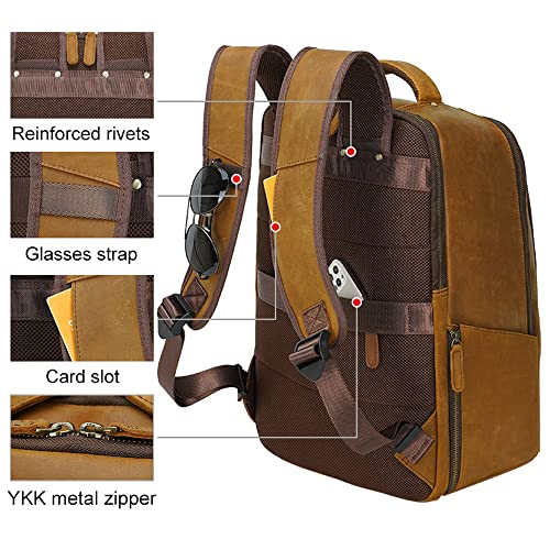 Masa Kawa Vintage Leather 15.6" Laptop Backpack for Men Large College School Bag Bookbag Business Work Travel Rucksack Casual Hiking Camping Daypack, Light Brown