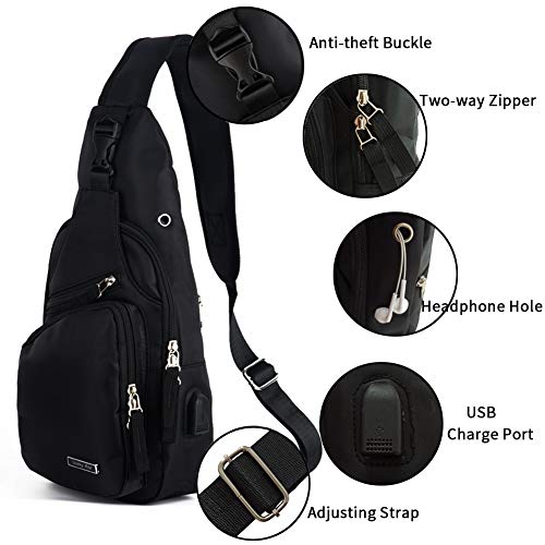 Suyzufly Crossbody Sling Backpack for Men Women Anti Theft Multipurpose Chest Shoulder Bag with USB Charging Port Black