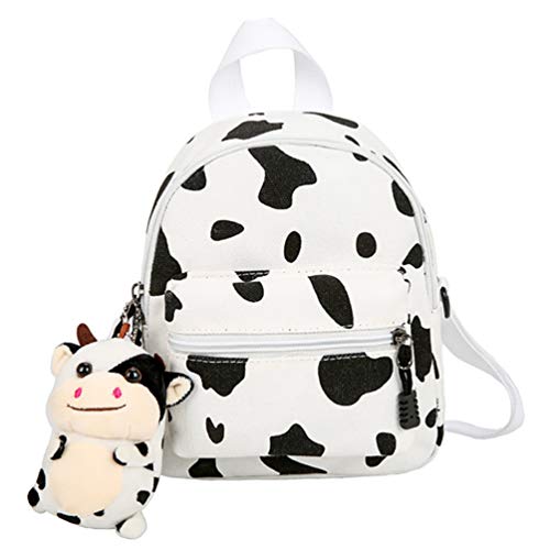 TENDYCOCO Cow Backpack with Plush Cow Pendant Canvas Cow Print Backpack Cow Print stuff Cow Gifts for Women Mini Backpack for Women