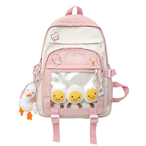 Kawaii Girls Backpack with Pins and Accessories Cute Kids Aesthetic Backpack Teen Bookbags Casual School Bag with Plush Pendant